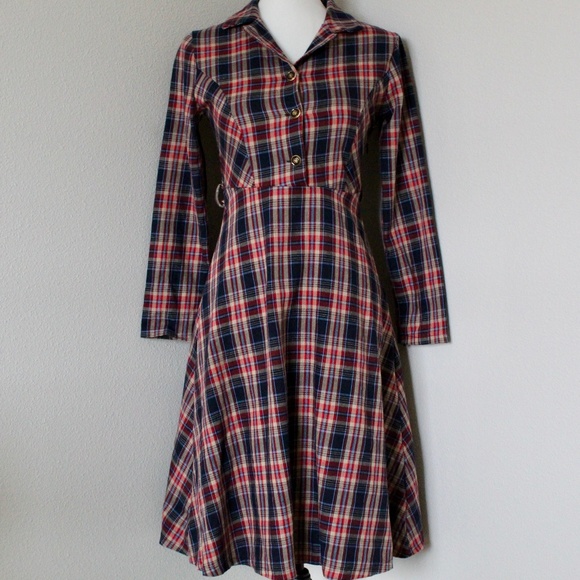 Wanyudian | Dresses | Vintage Inspired Red Blue Tan Plaid Button Front ...